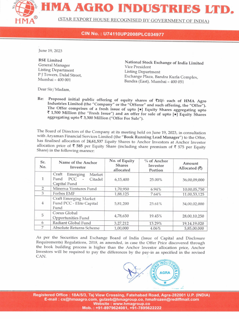 Anchor Intimation | PDF