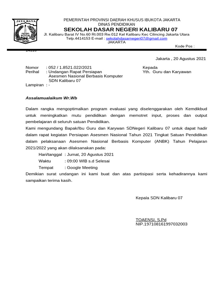 Undangan, Daftar Hadir, Notulen, Rapat Dan Berita Acara ANBK 2021 | PDF