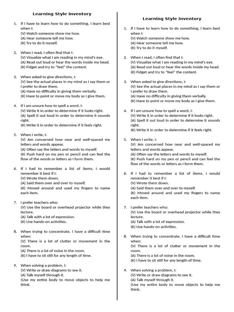 Learning Style Inventory | PDF | Learning Styles | Mental Image