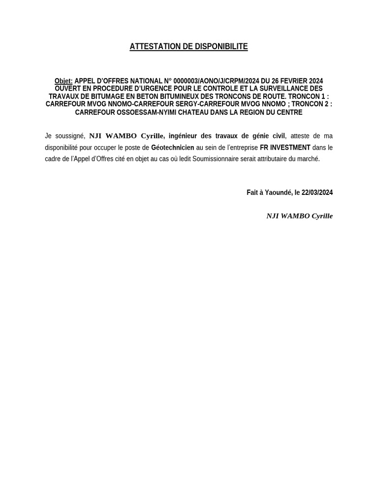 Attestation de Disponibilite Nji Wambo | PDF Attestation de Disponibilite Nji Wambo | PDF