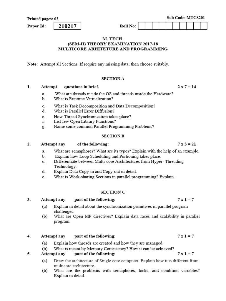 Mtech 2 Sem Multicore Arhiteture and Programming Mtcs201 2018 | PDF