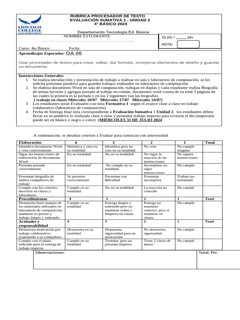 Evaluación Sumativa 1 Unidad 2 Tec.4to Básico | PDF | Informática