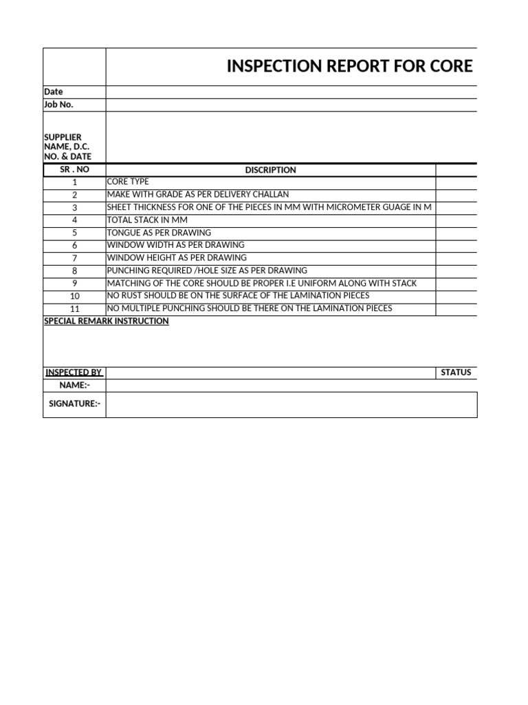 Core Lamination Inspection Report | PDF