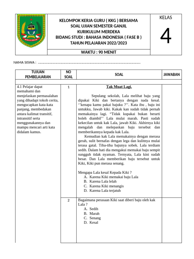 SOAL B.INDO KELAS 4 | PDF