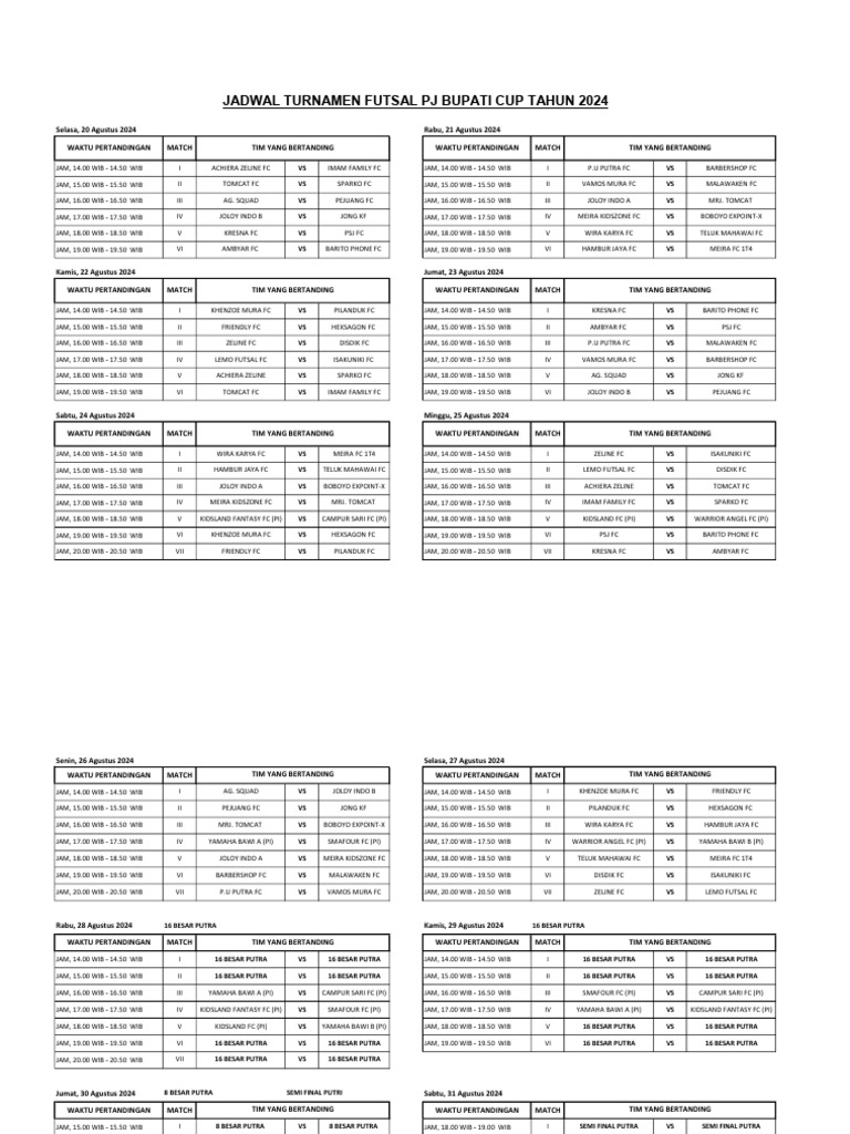 Jadwal Turnamen PJ Bupati Cup 2024 | PDF