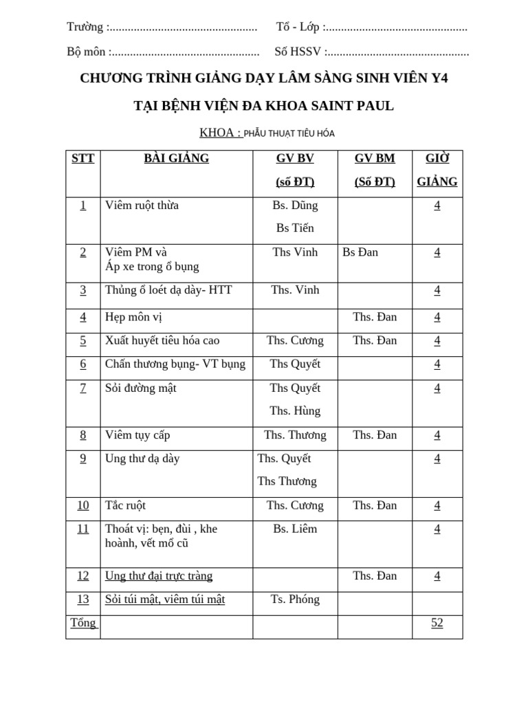 Phân Công Gi NG Lâm Sàng Y4 | PDF