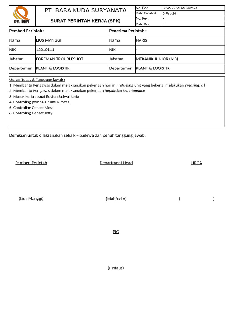 Form SPK Karyawan Non-Staff | PDF