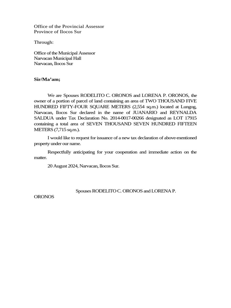 Letter Request For Issuance of New Tax Dec ORONOS | PDF