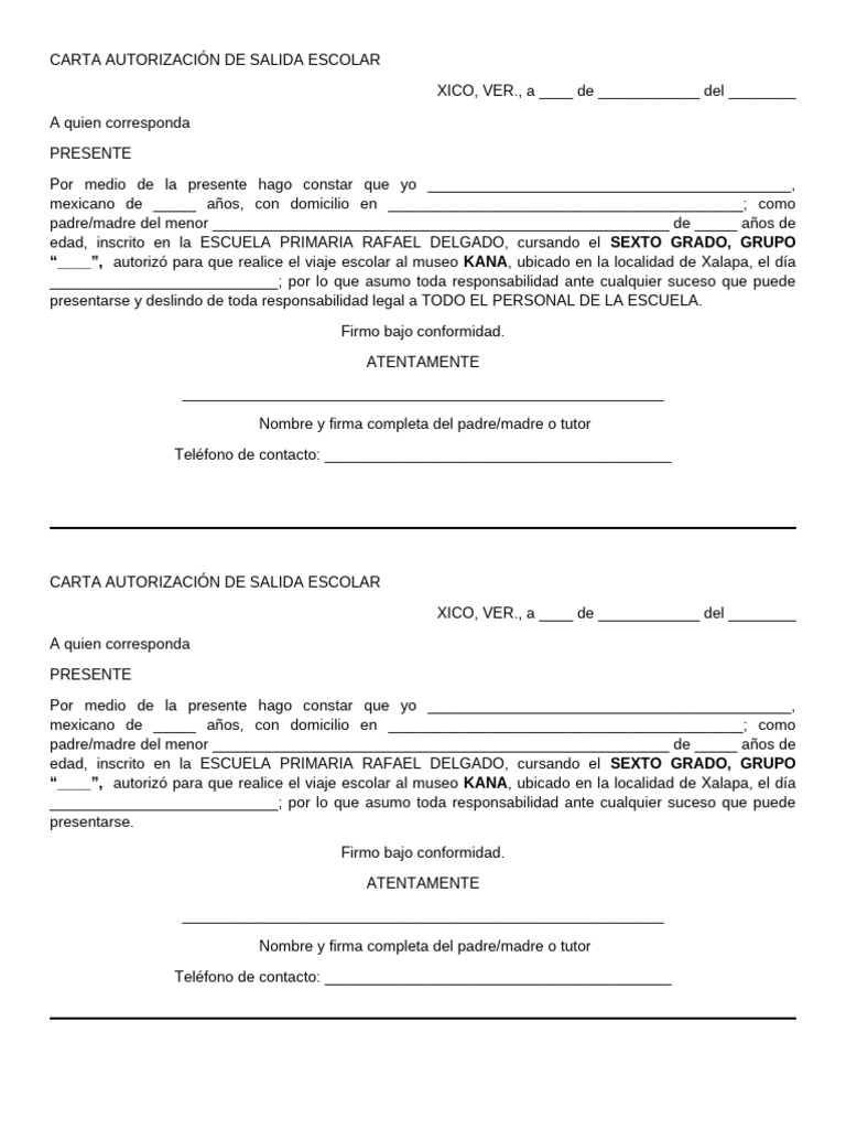 Carta Autorización de Salida Escolar | PDF