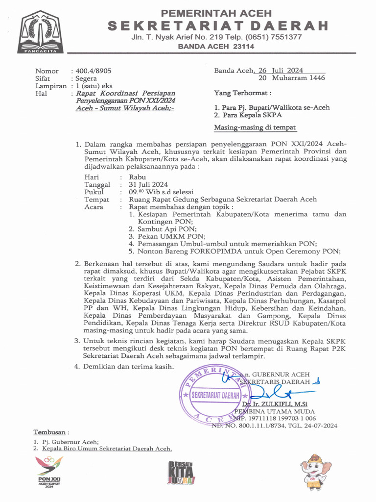 Surat Undangan Kegiatan Rakor Pelaksanaan PON XXI Aceh Sumut Tahun 2024 ...