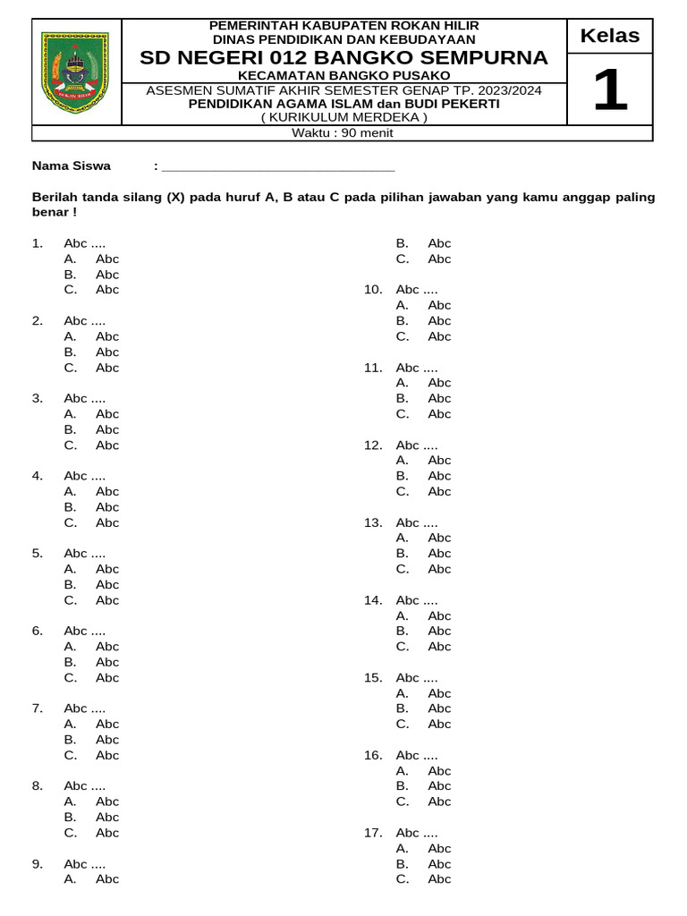 Format Soal Asesmen Sumatif Kls 1 - 2 Kurma-1 | PDF