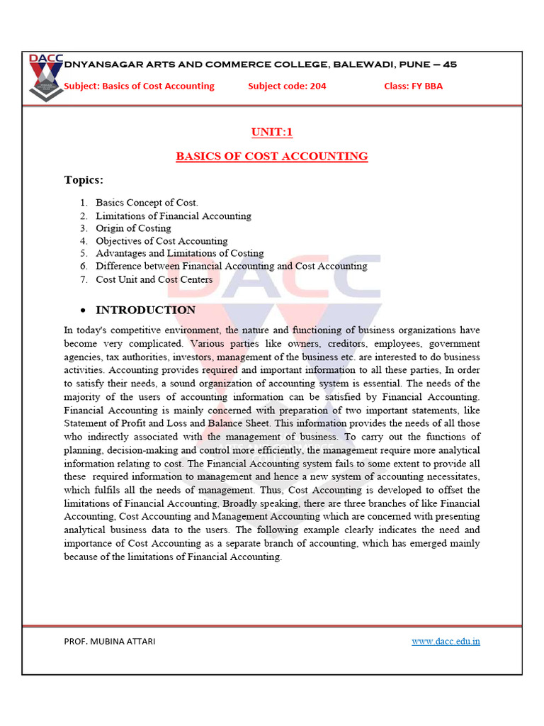 Basics of Cost Accounting | PDF