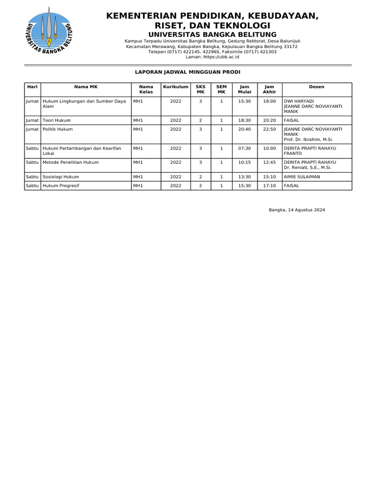 Jadwal Kuliah Gasal 2022-2023 | PDF