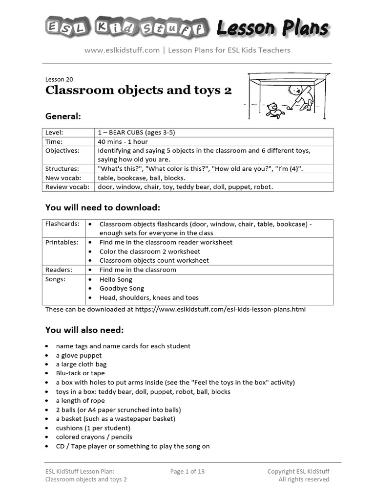 Pdf Level 1 Lesson 20 Classroom Objects And Toys 2 Us Pdf