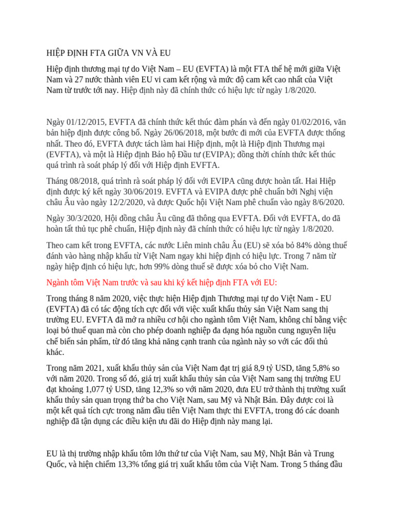 HIỆP ĐỊNH FTA GIỮA VN-EU, VN-HQ | PDF