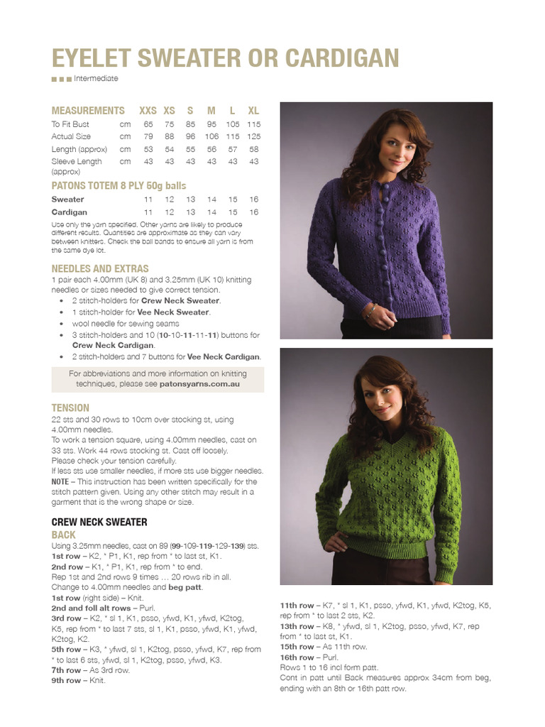 Patons_Totem_8ply_Eyelet_Sweater_or_Cardigan | PDF