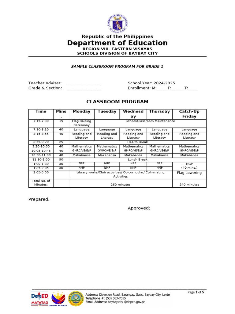 Sample Classroom and Teachers Program | PDF