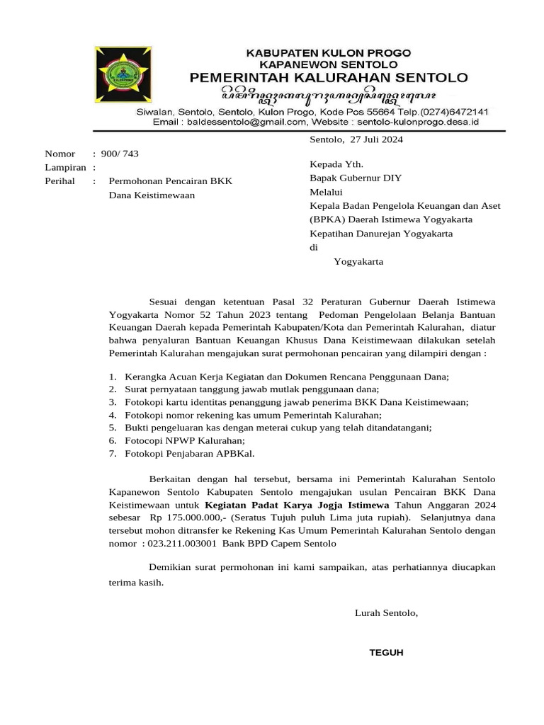 Contoh Surat Pencairan BKK Padat Karya | PDF