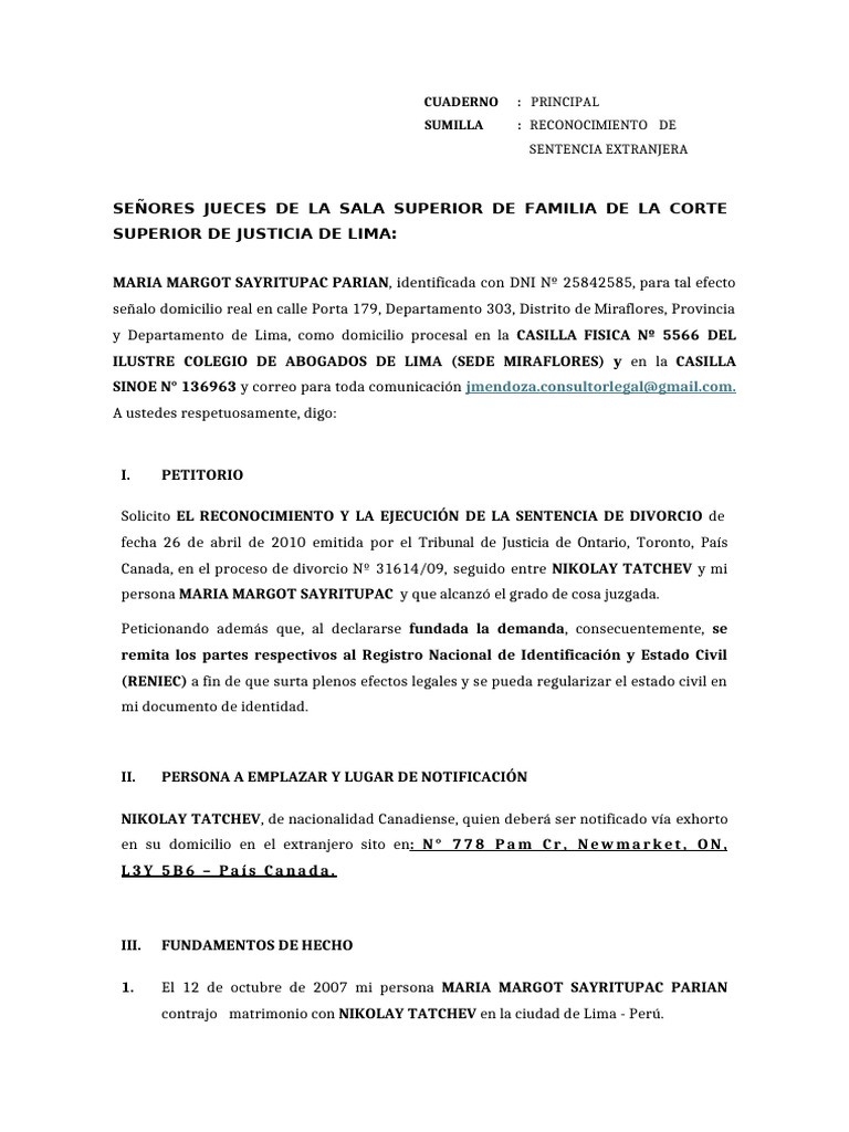 Demanda de Reconocimiento de Sentencia Del Extranjero - Hna Maria | PDF