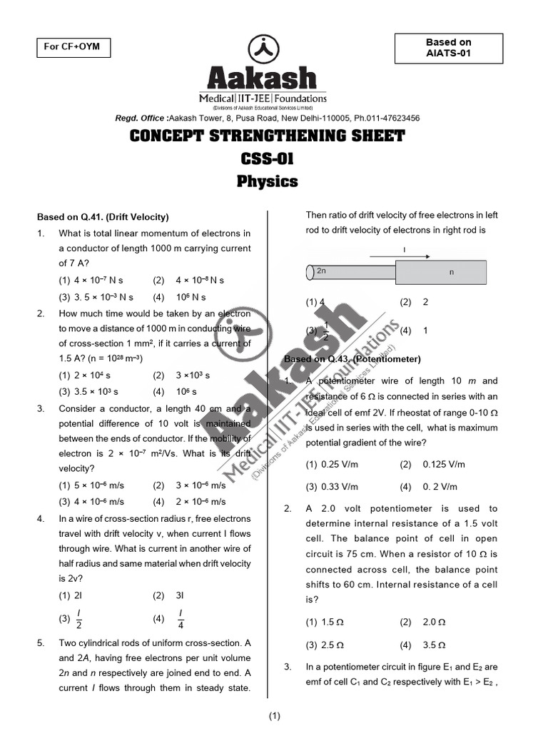 Concept Strengthening Sheet (CSS-01) - Physics | PDF