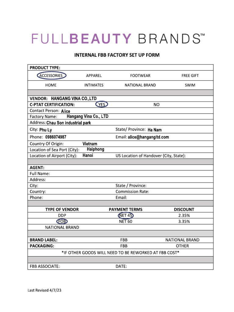 INTERNAL FBB FACTORY SET UP FORM. | PDF