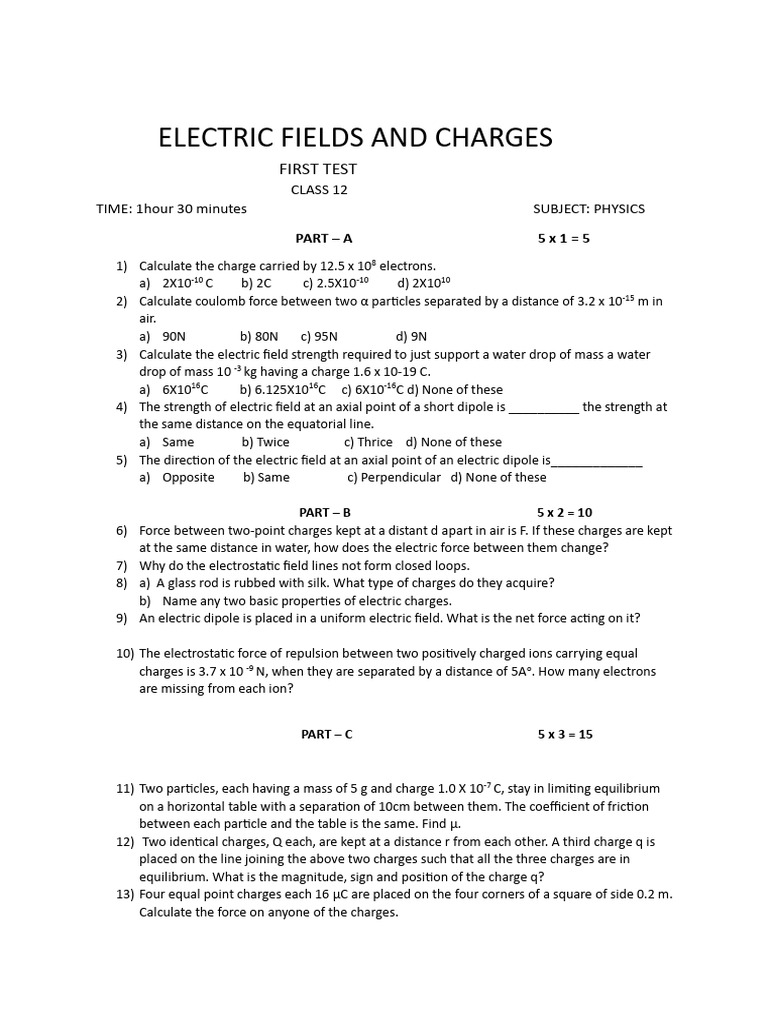 CBSE Class 12 Test Electric Fields and Charges-1 | PDF
