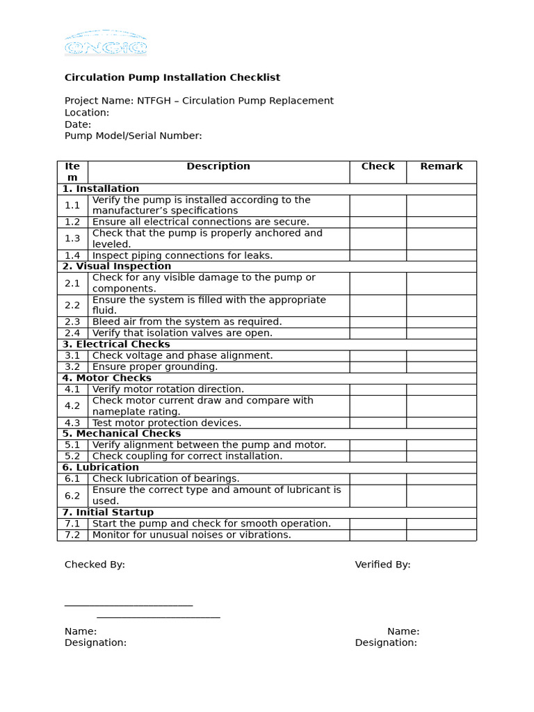 Installation Checklist - Circulation Pump Replacment AHU-RH & JCH | PDF