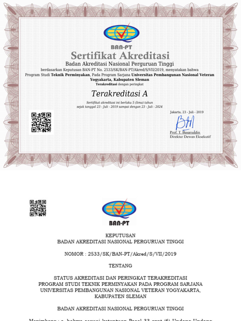 Sertifikat Dan SK Akreditasi T Perminyakan S1 | PDF
