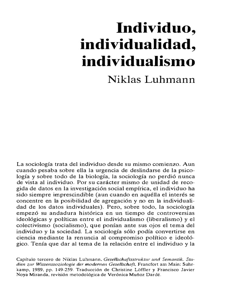 Luhmann, Individuo, Individualidad, Individualismo, 1995 | PDF