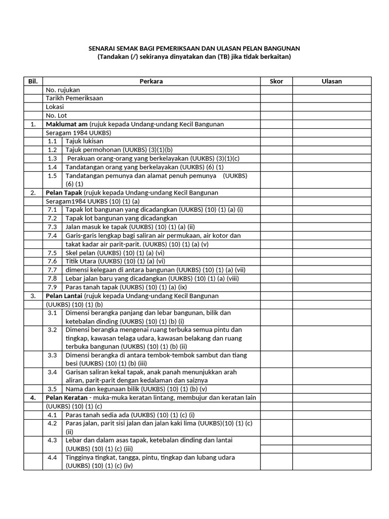 SENARAI SEMAK BAGI PEMERIKSAAN DAN ULASAN PELAN BANGUNAN | PDF