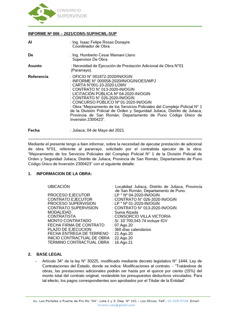INFORME 06 - RATIFICACION ADICIONAL DE OBRA N°01 - Pararrayo | PDF | Presupuesto | Finanzas y dinero