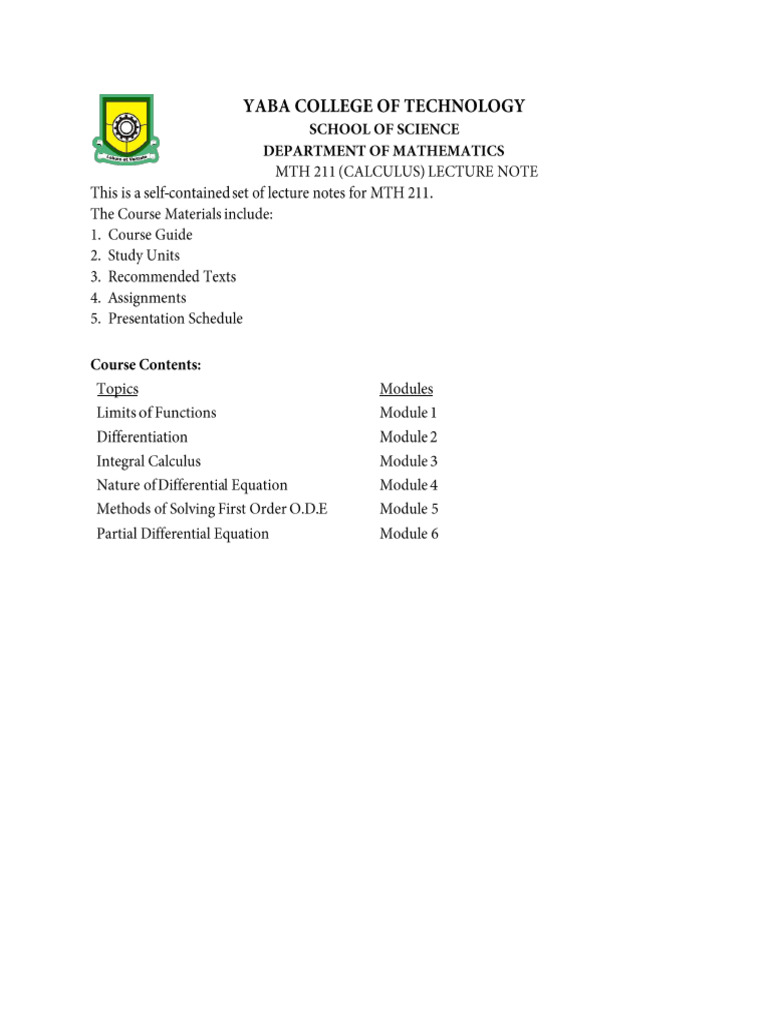 MTH Calculus Lecture Note | PDF