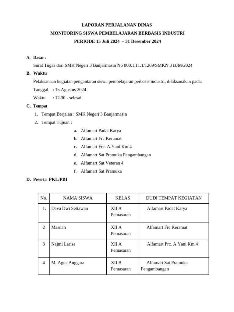LAPORAN PERJALANAN DINAS PKL Monitoring | PDF