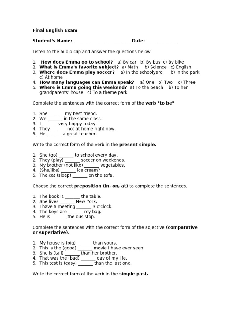 Final English Exam Pre Teens | PDF