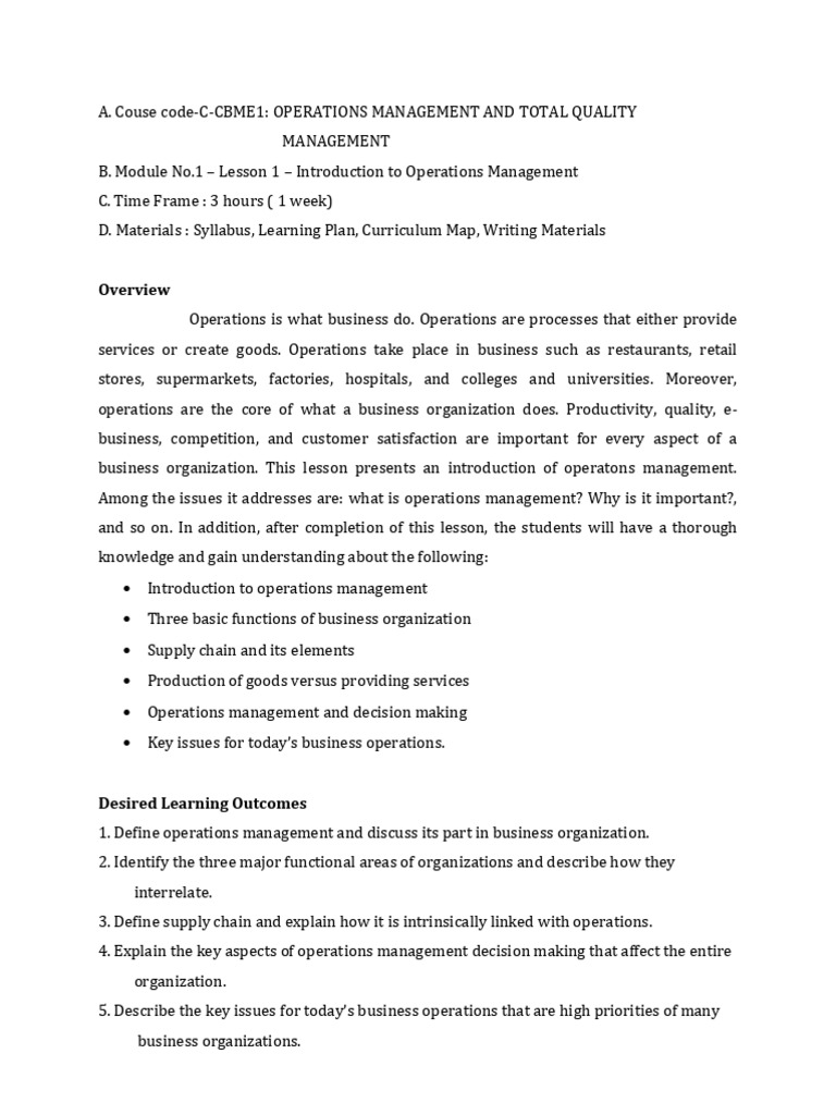 Modules 1 & 2 in OM and TQM | PDF