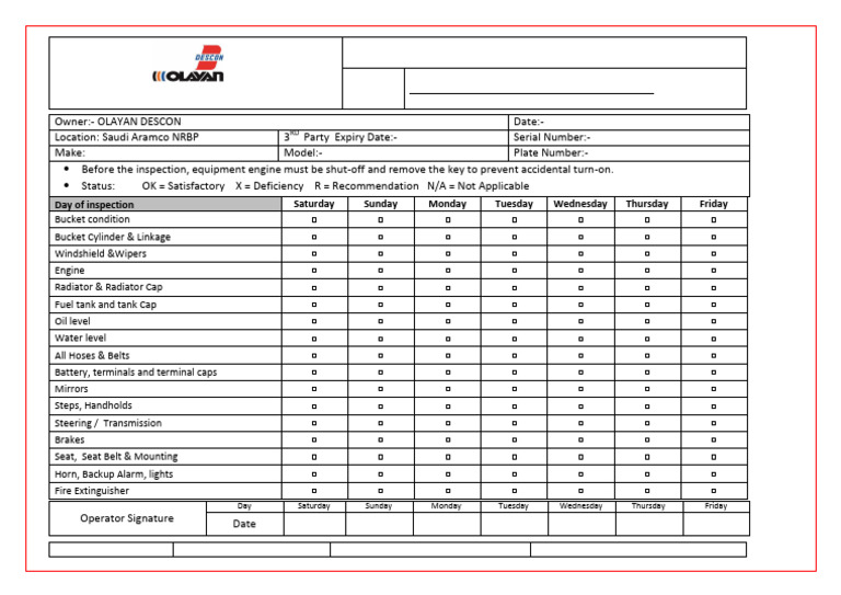 Backhoe Loader Daily Inspection Checklist | PDF