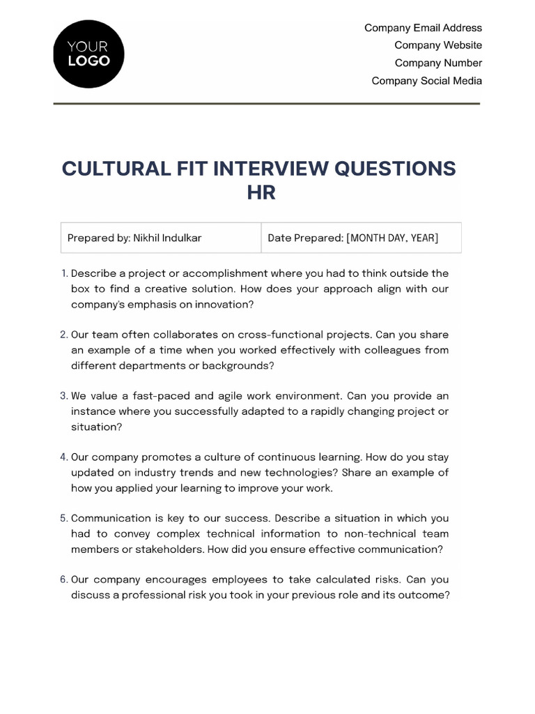 Cultural Fit Interview Questions HR | PDF