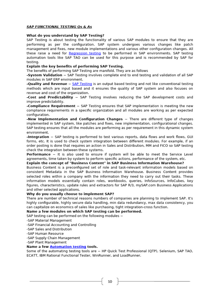 SAP FUNCTIONAL TESTING Qs & As | PDF