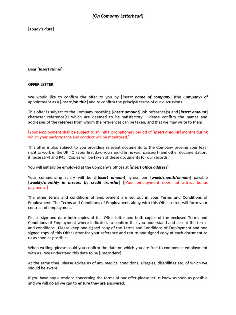 Basic Employment Contract With Restrictive Covenants Offer Letter | PDF