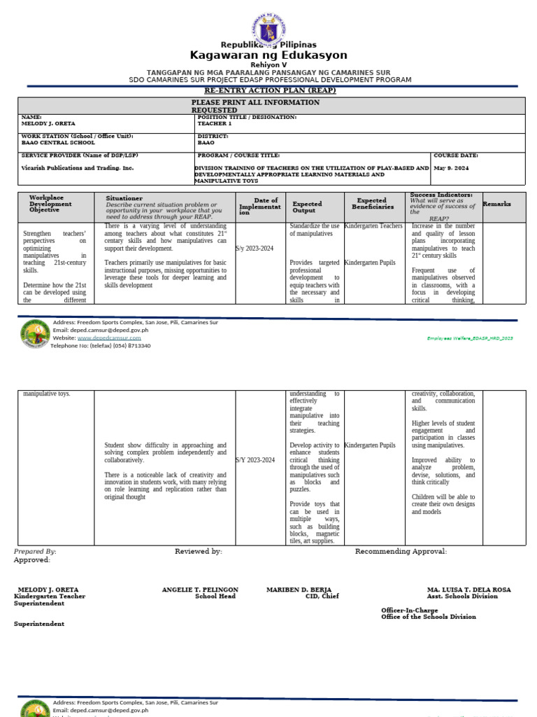 Re Entry Plan Play Based | PDF