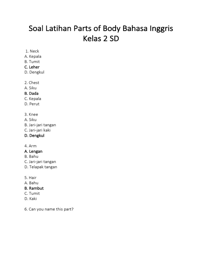 Soal Latihan Parts of Body Bahasa Inggris Kelas 2 SD | PDF