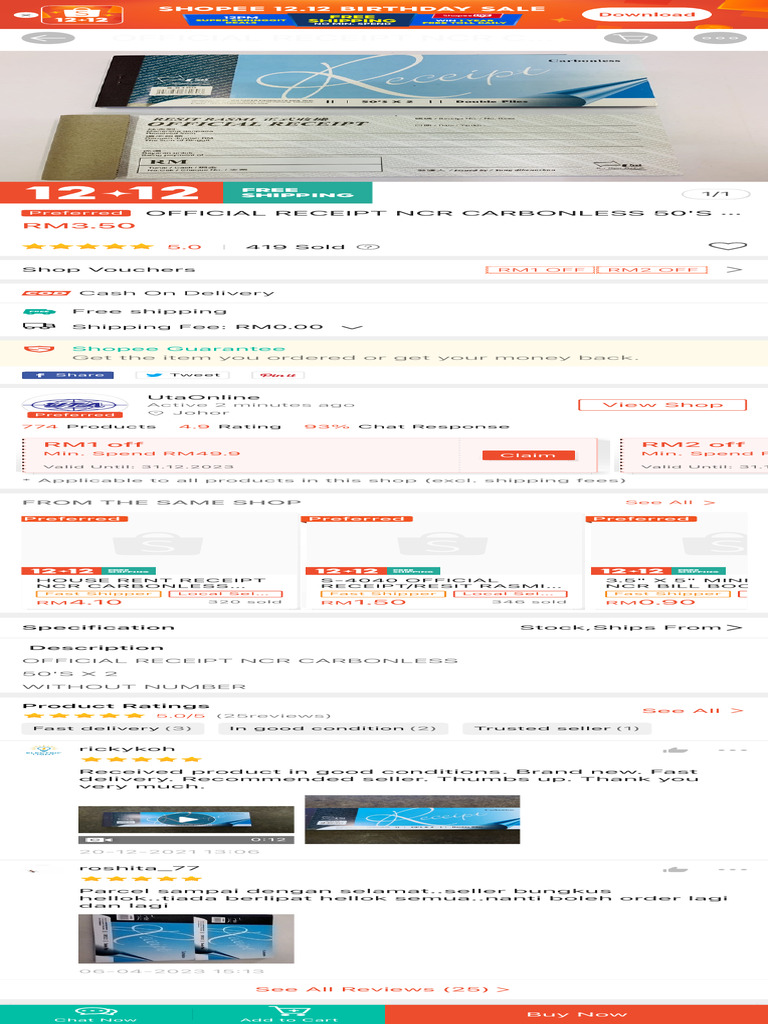 Official Receipt NCR Carbonless 50's X 2 Resit Ra | PDF