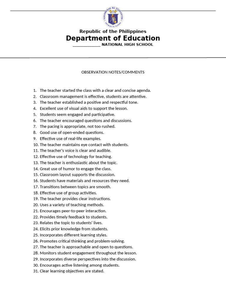 Observation Notes. Comments Sy 2023 2024 | PDF