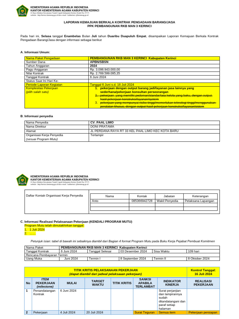 Laporan Kemajuan Berkala Kontrak MAN 3 Kerinci | PDF