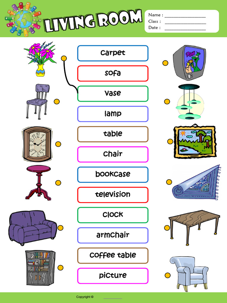 Living Room Esl Vocabulary Matching Exercise Worksheet For Kids | PDF