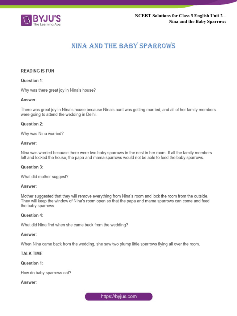 NCERT Solutions For Class 3 English 4 May Unit 2 Nina and The Baby Sparrows | PDF