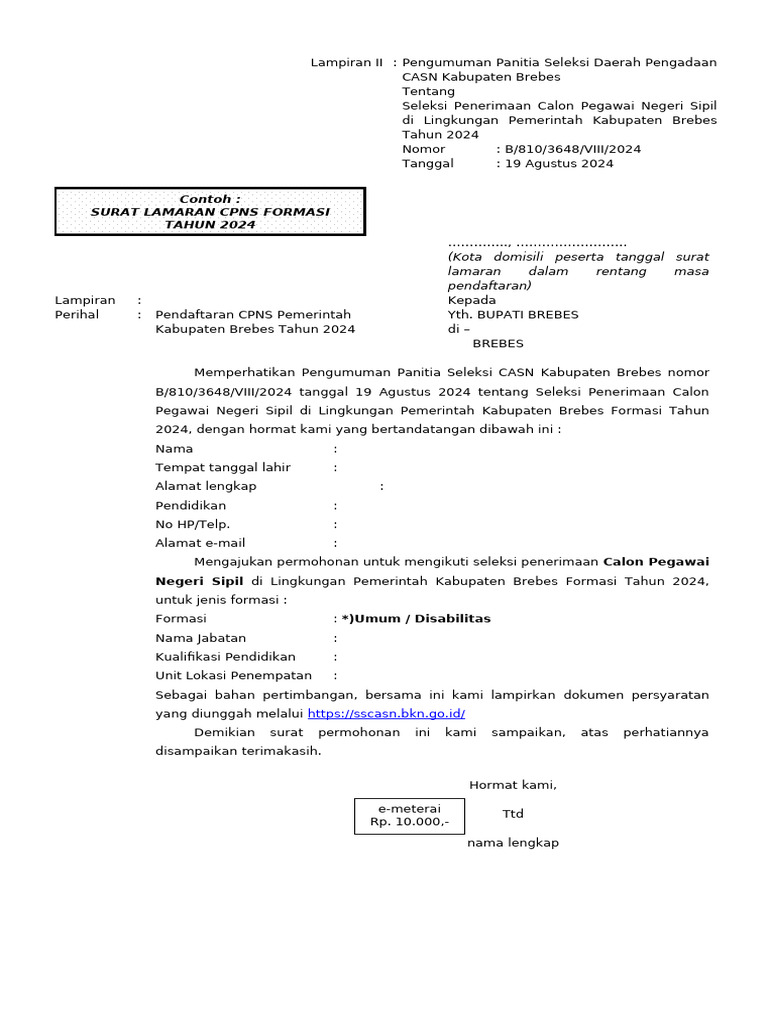 Format Surat Lamaran CPNS 2024 | PDF
