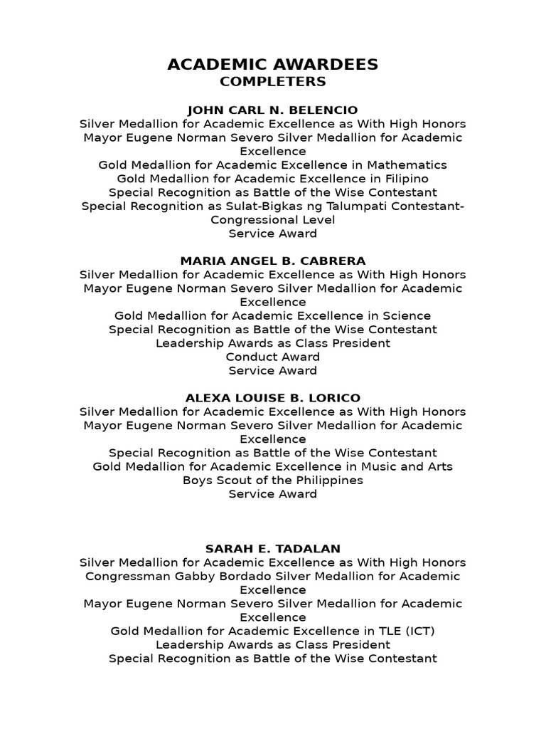 Grade 10 Academic Awardees | PDF