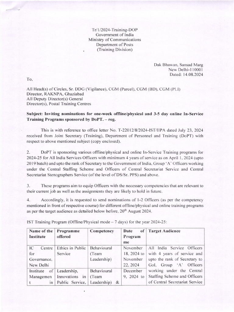 DoPT Training Letter Inviting Nomintions | PDF