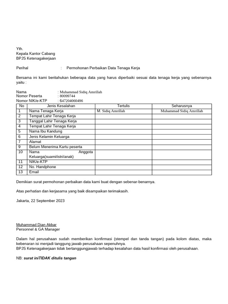 Form Koreksi Data BPJS TK - Muhammad Sidiq Amrillah | PDF